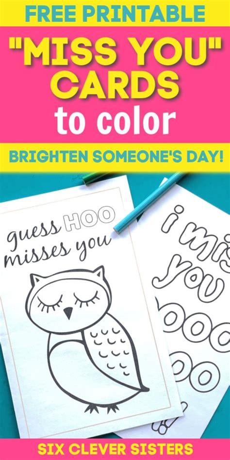 Free Printable Miss You Cards To Color Six Clever Sisters