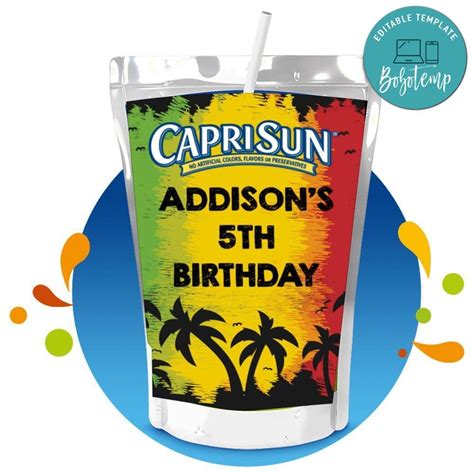 Jamaican Capri Sun Birthday Digital File Printable Createpartylabels
