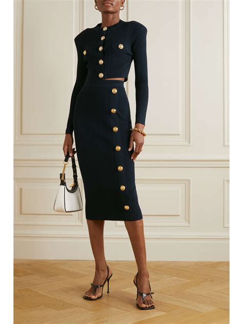 Balmain Button Embellished Ribbed Knit Midi Skirt Net A Porter