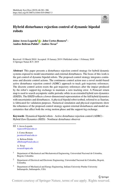 Hybrid Disturbance Rejection Control Of Dynamic Bipedal Robots
