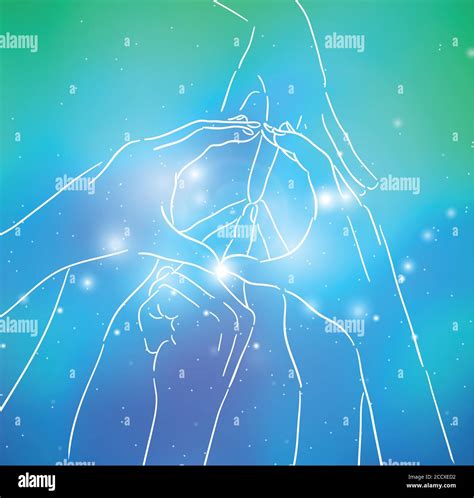 contour illustration of human hands sign of peace and sparks on