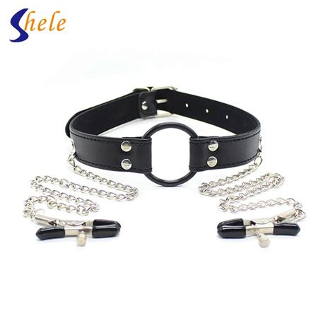 Black Pu Leather Silicone Open Mouth Gag Nipple Clamp O Ring Gag Head