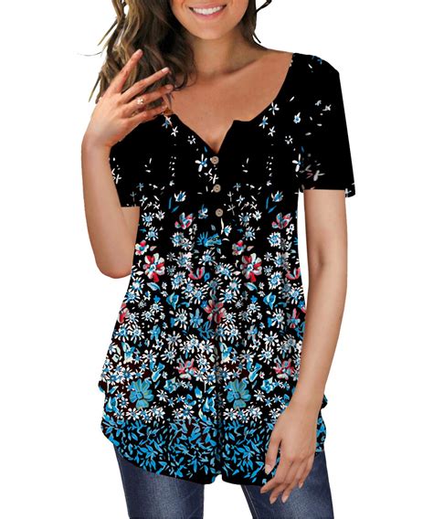 Gsfang Womens Floral Tunic Tops Casual Summer Short Sleeve Henley V