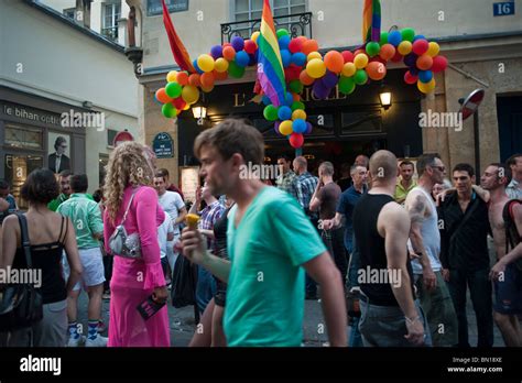 Paris France People Celebrating After Lgtb Gay Pride In The Marais