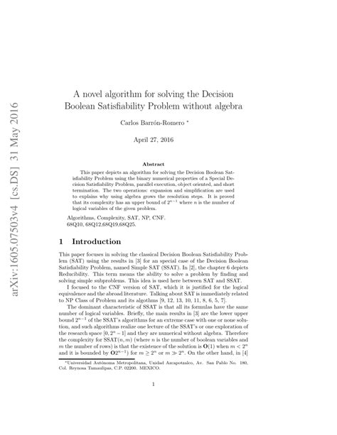 pdf a novel algorithm for solving the decision boolean satisfiability