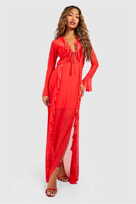 Mesh Ruffle Maxi Dress Boohoo Uk