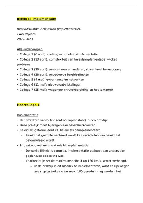 Samenvatting Uitgebreid Alle Hoorcolleges Beleid Ii Implementatie