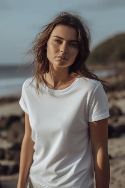 Premium Ai Image A Woman Wearing A White T Shirt Stands On A Beach