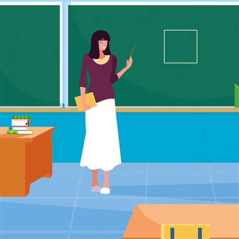 Premium Vector Teacher Female In Classroom With Chalkboard