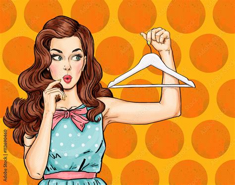 Pop Art Thinking Girl With Hanger Comic Woman Sexy Girl Amazed Woman