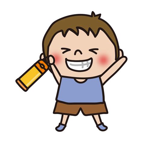 水筒を手で持つ子供（男の子）の無料 フリー イラスト かわいい手描きの無料素材「てがきっず」保育園・小学校・介護施設にぴったりのフリー素材イラスト