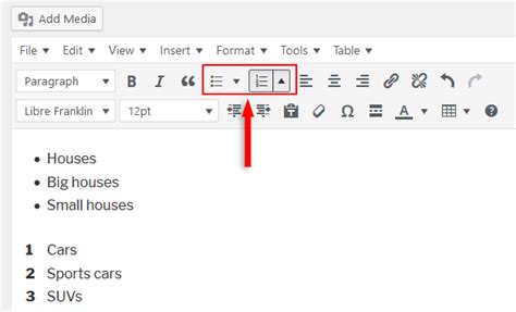 how to create nested lists in wordpress using indent or