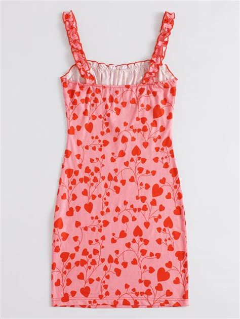 Shein Ruched Bust Frill Trim Heart Print Bodycon Dress Shein Usa