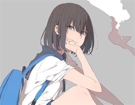 Anime Girl With Short Black Hair And Blue Eyes