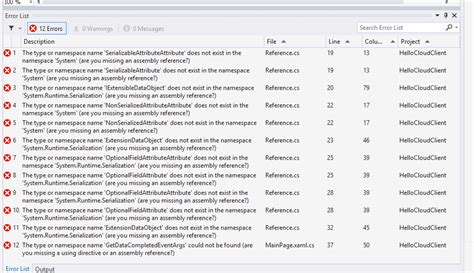 c lots of namespace assembly reference build errors windows phone