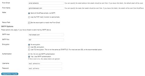 wordpress te smtp mail ayarları