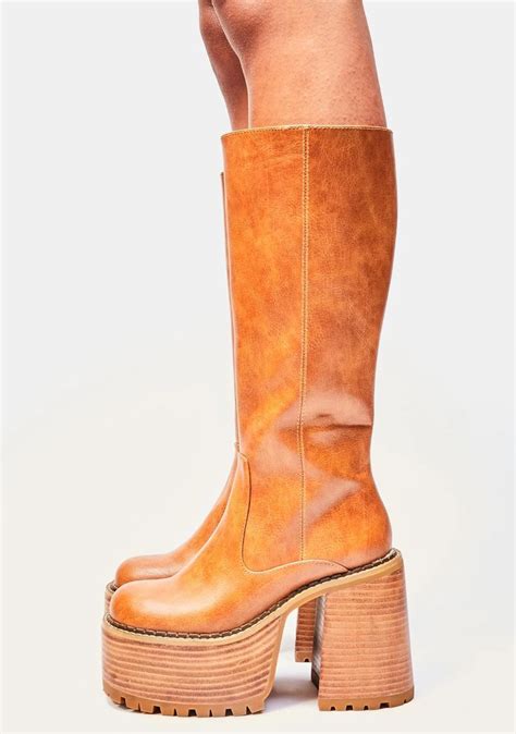 Delias Pu Knee High Platform Boots Light Brown Dolls Kill Knee
