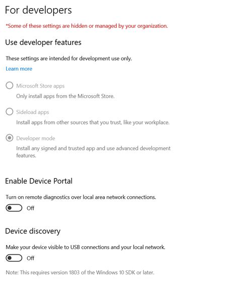 not able to enable disable developer mode sideload apps and