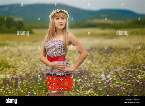 Beautiful Woman Enjoying Daisy Field Nice Female Lying Down In Meadow