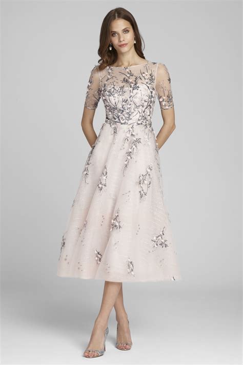 Embroidered Floral Tea Length Dress Teri Jon Floral Tea Length