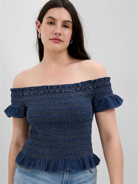 Cropped Ruffle Sleeve Denim Smocked Peplum Top With Washwell Gap