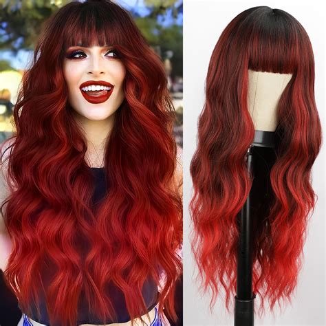 Bogsea Red Wigs With Bangs Long Wavy Red Wig For Women