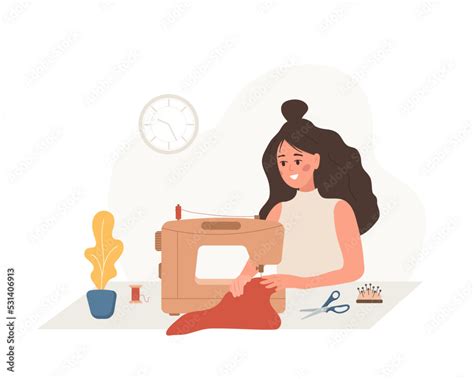 Woman Seamstress At Sewing Machine Sews Clothes Young Female Tailor
