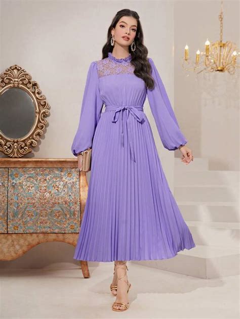 Shein Modely Lace Insert Lantern Sleeve Pleated Hem Belted Dress For