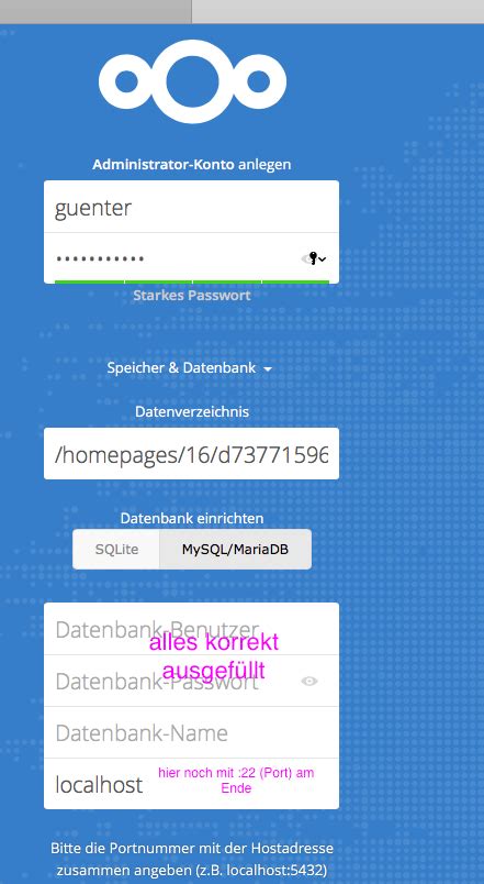 erstinstallation von nextcloud scheitert immer beim anlegen eines admin