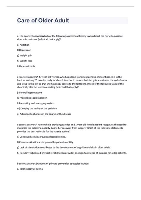 Care Of Older Adult Exam 2024 With 100 Correct Answers Care Of Older