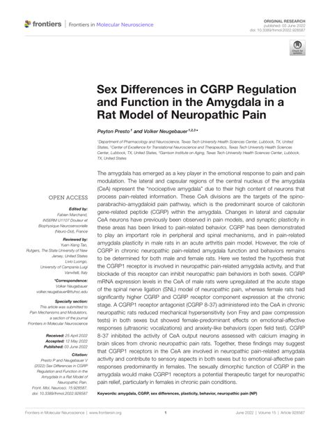 Pdf Sex Differences In Cgrp Regulation And Function In The Amygdala