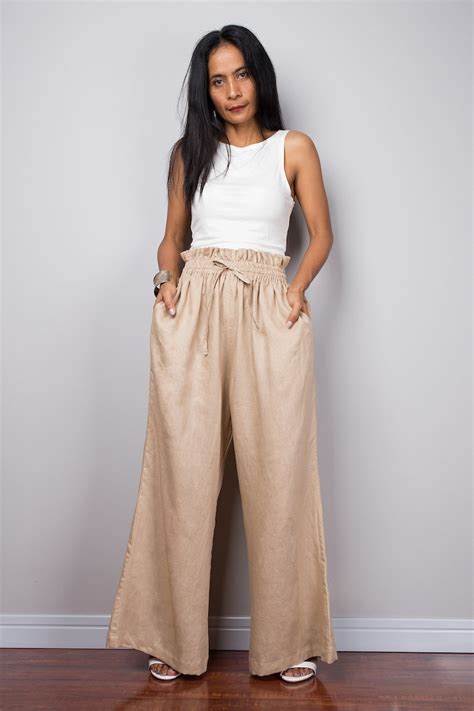 Linen Trousers Wide Leg Palazzo Pants With Pockets Beige Etsy