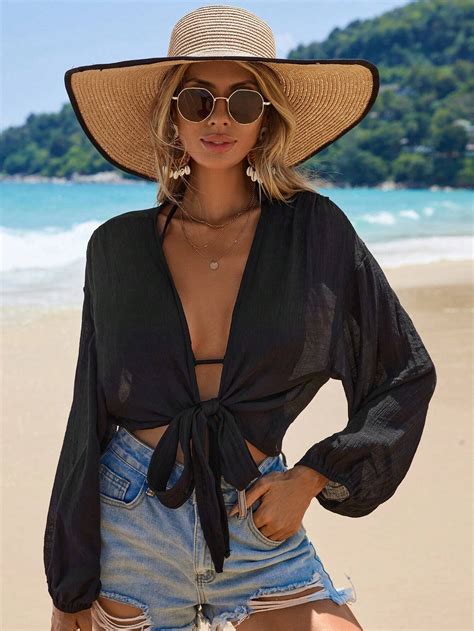 Solid Bishop Sleeve Knot Hem Kimono Shein Uk