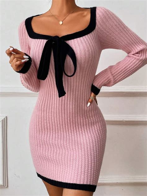 Shein Raffinéa Acabamento De Contraste Nó Frontal Vestido De Tricô