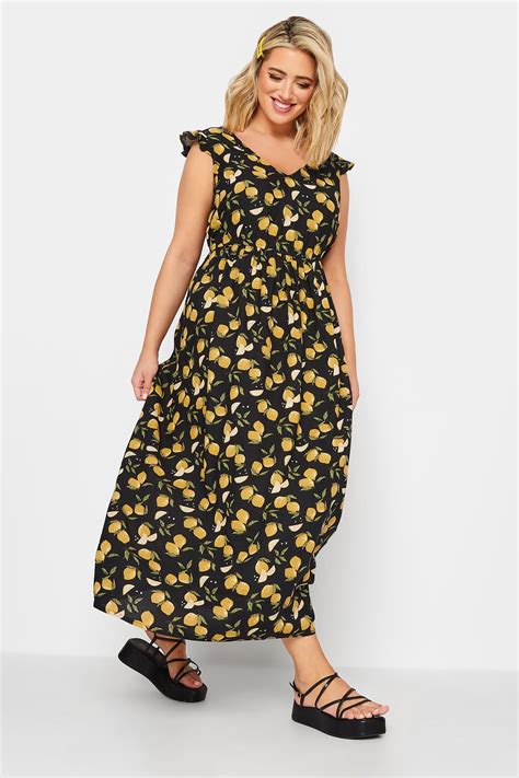 Limited Collection Plus Size Black Lemons Print Frill Maxi Dress