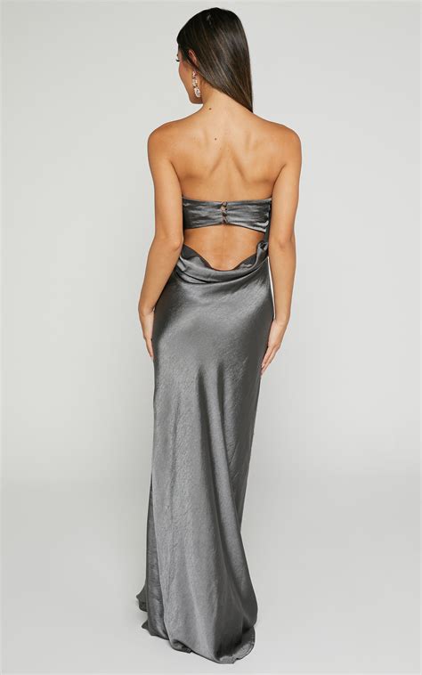 Charlita Maxi Dress Strapless Cowl Back Satin Dress In Charcoal