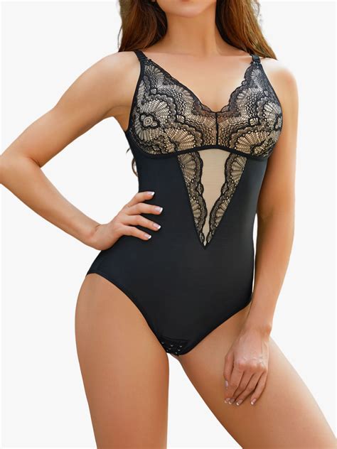 2 Pieces V Neck Lace Shapewear Bodysuit For Women Fashion Backless Bod
