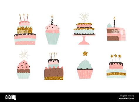 Happy Birthday Cakes Vector Collection Festive Deserts In Flat Cartoon
