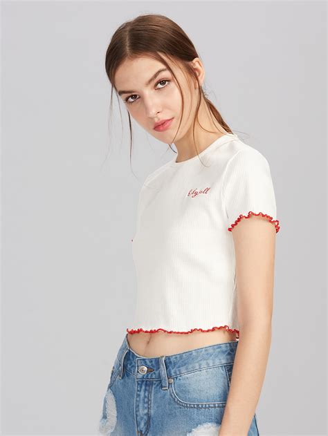 Lettuce Hem Edge Rib Knit Embroidered Tee Shein Sheinside