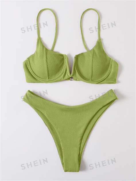 Shein Swim Vcay Ribbed Tankini Set V Wired Underwire Cami Bra And Bikini