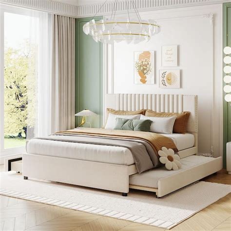 Harper And Bright Designs Beige Wood Frame Queen Size Upholstered
