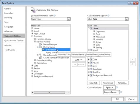 screenshot shows excel options page selecting customize