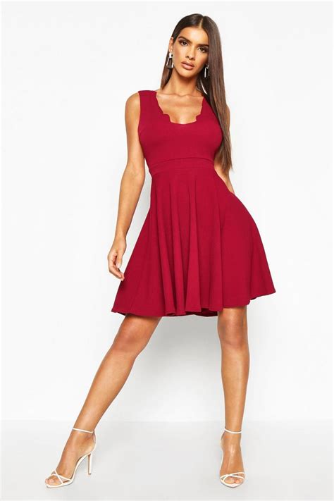 Scallop Plunge Skater Dress Boohoo Uk