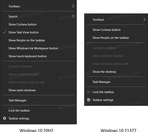 microsoft removed useful taskbar context menus in windows 10 build 21337