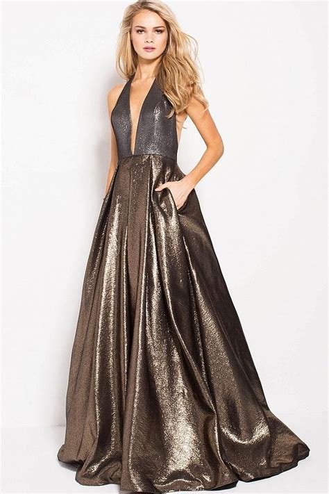 Jovani 57237 Plunging Halter Metallic A Line Prom Gown Prom Dresses