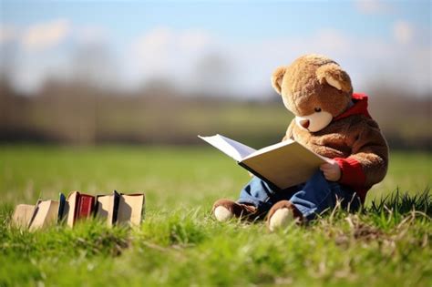 Premium Ai Image Teddy Bear Reading Book On Green Grass Ai