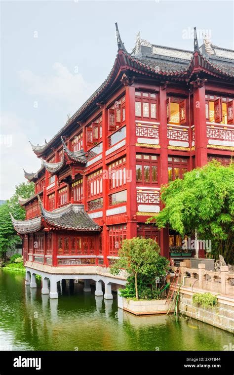 Scenic Traditional Red Chinese Building In The Old City Of Shanghai