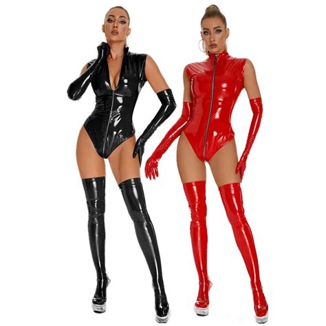 Women Sexy Lingerie Wetlook Faux Leather Bodysuit Zipper Open Crotch