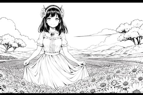 Un Dessin En Noir Et Blanc Dune Fille Dans Un Champ De Fleurs Photo