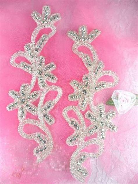 Crystal Clear Silver Beaded Rhinestone Appliques Mirror Pair Floral 7